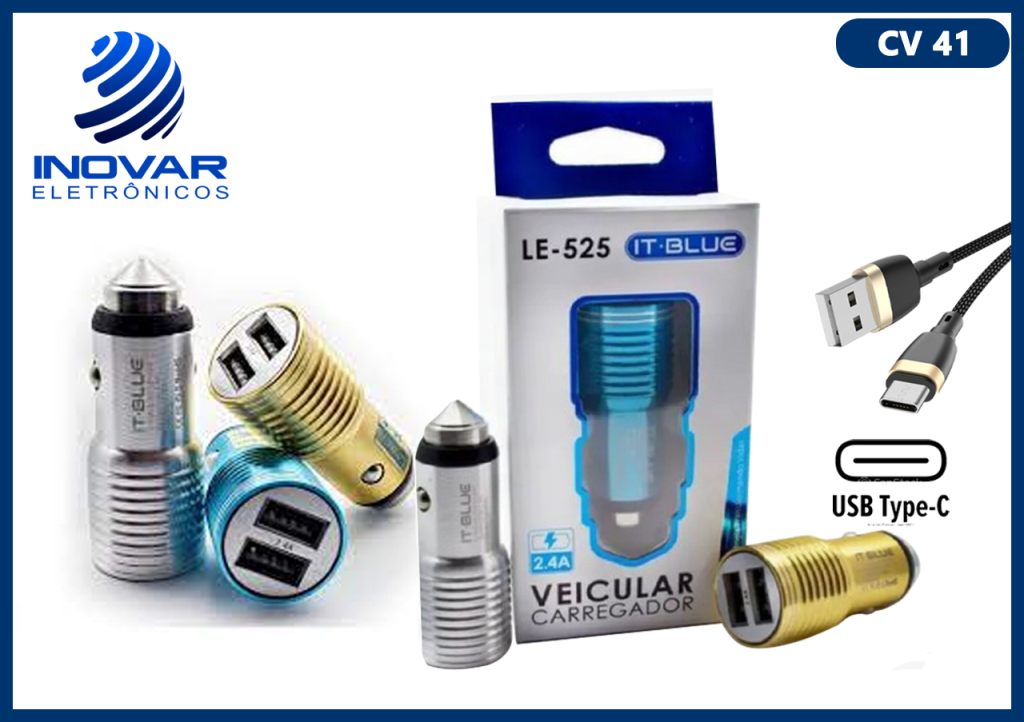 CV 41 CARREGADOR VEICULAR 3.4A 2 SAIDAS USB COM CABO TIPO C LE-527 OFF ...